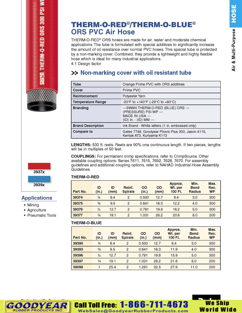 Swan Therm-O-Red, and Swan Therm-O-Blue Ors Pvc Air Hose 300psi