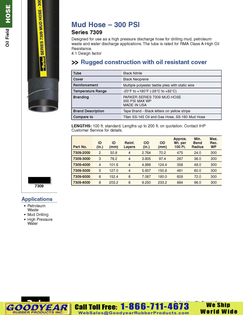 Parker 7309 Mud Hose 300 Psi Mud Drilling Hose Petroleum Waste Hose